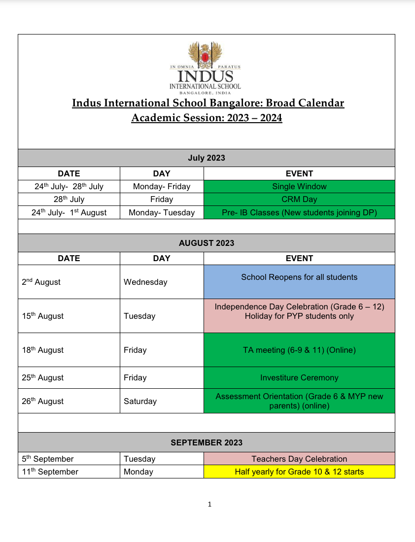Calendar - Indus Bangalore