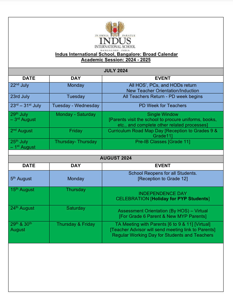 Calendar - Indus Bangalore